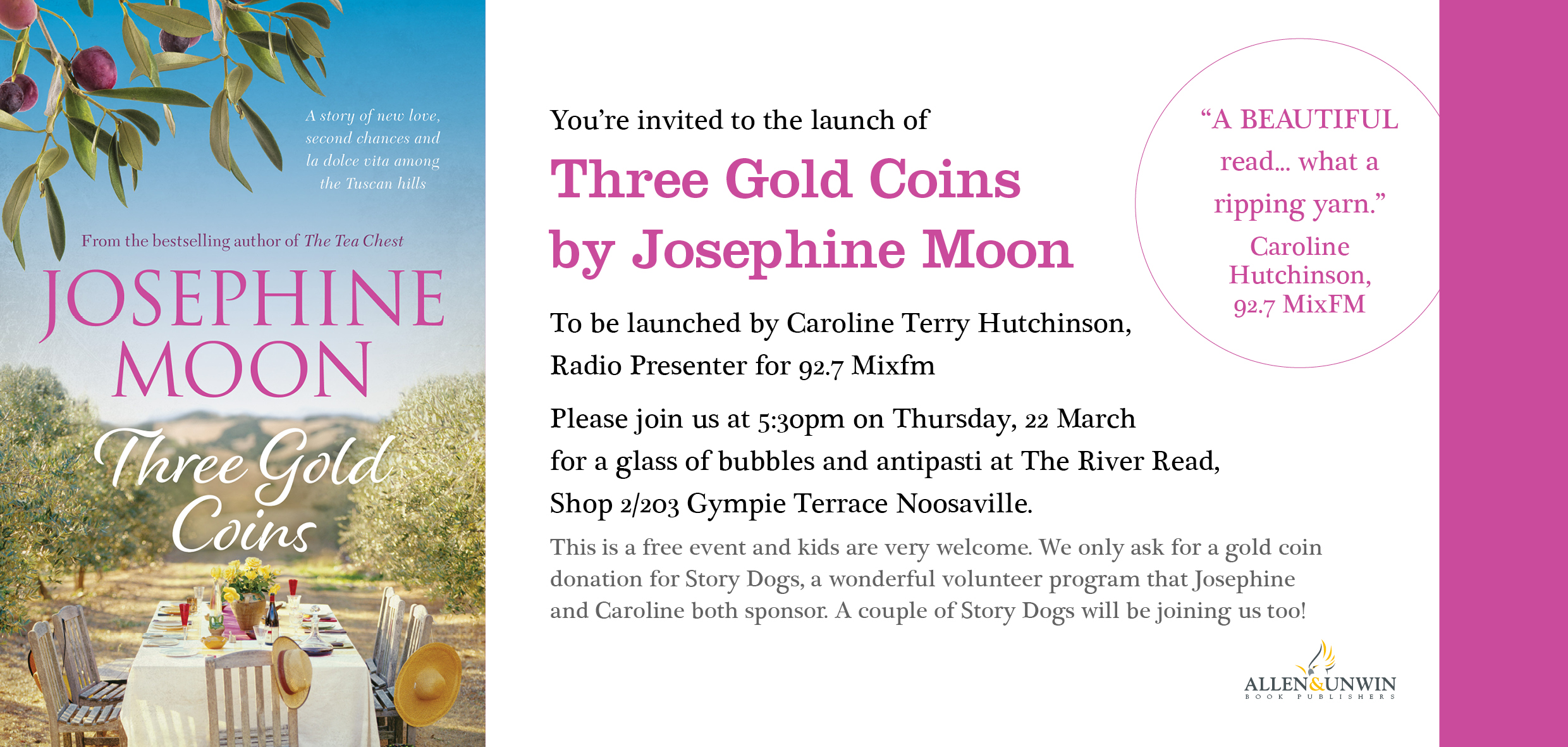 Three Gold Coins, Book Launch Invitation – Josephine Moon